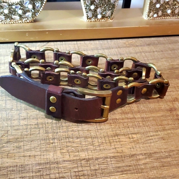 Vintage | Accessories | Vintage Leather And Brass Chain Link Belt Brown ...